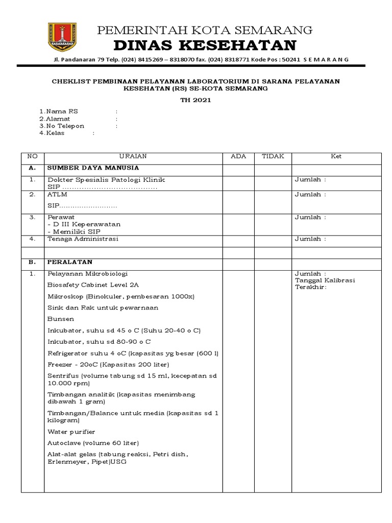 Checklist Layanan Laboratorium RS TH 2021 | PDF