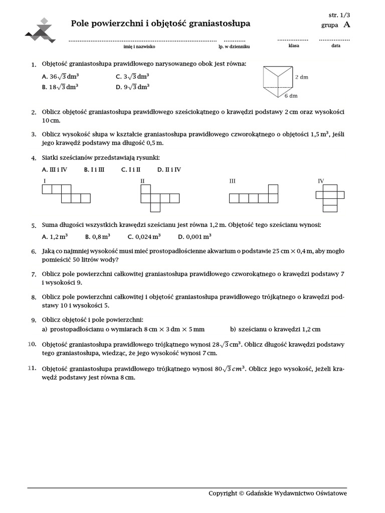1.pole Powierzchni I Objętość Graniastosłupa | PDF
