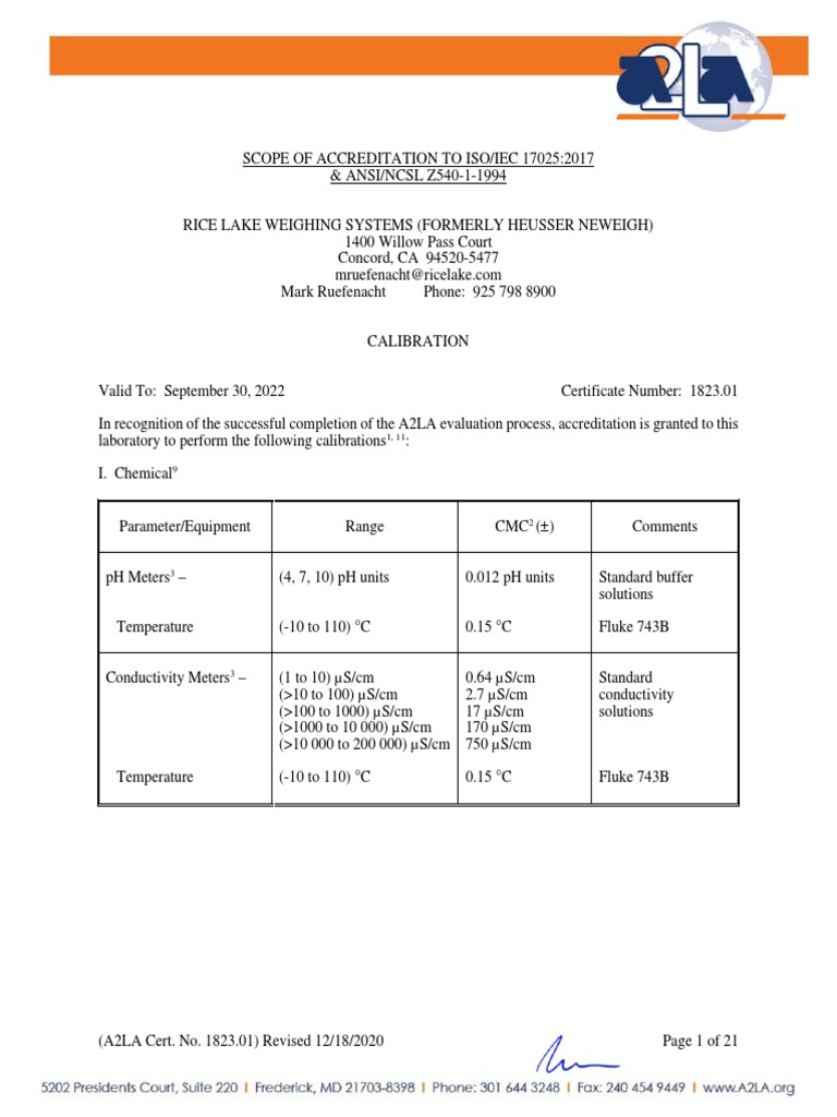 1823-01 - A2la - Iso 17025 - Schope - Cert - 2020-2022 - Rlws - Concord-Ca - Revised | PDF ...