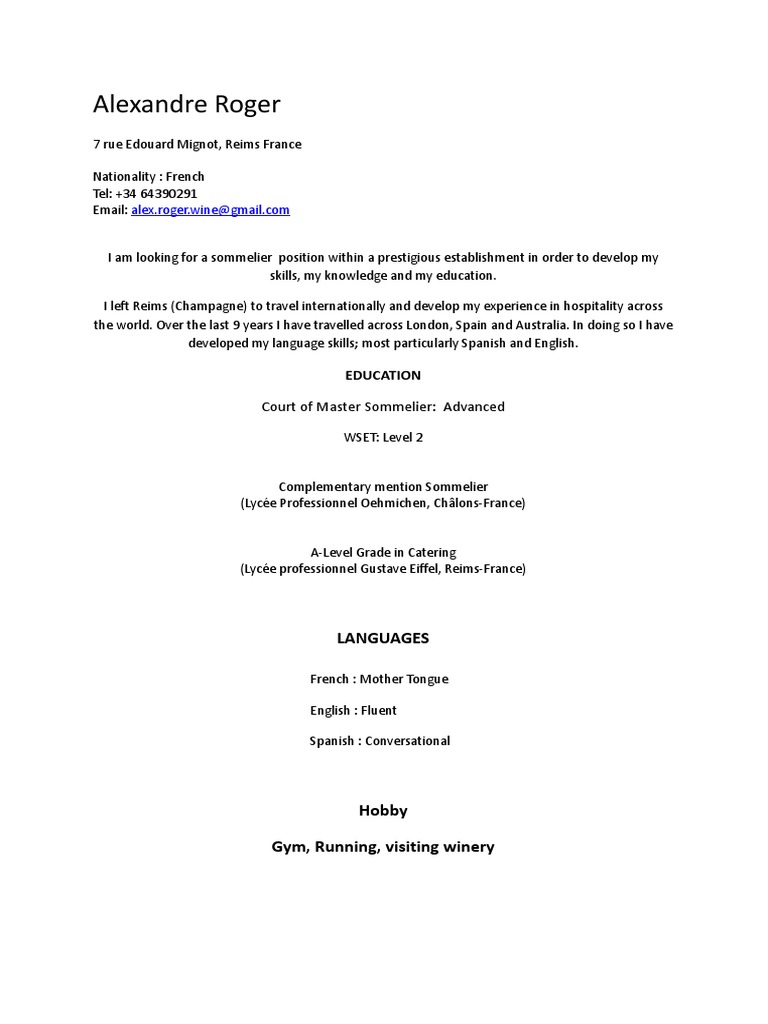 Alexandre Resume | PDF | Foodservice | Restaurants