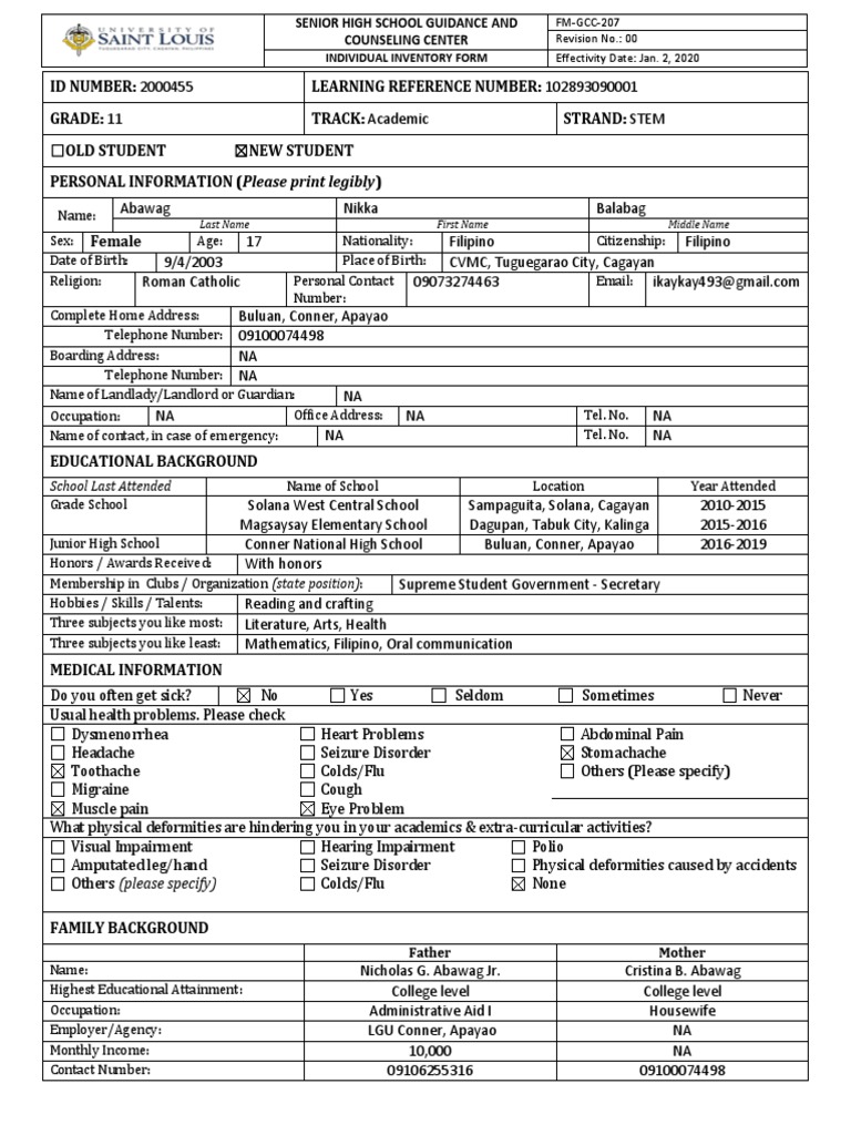 Senior High School Individual Inventory Form | PDF