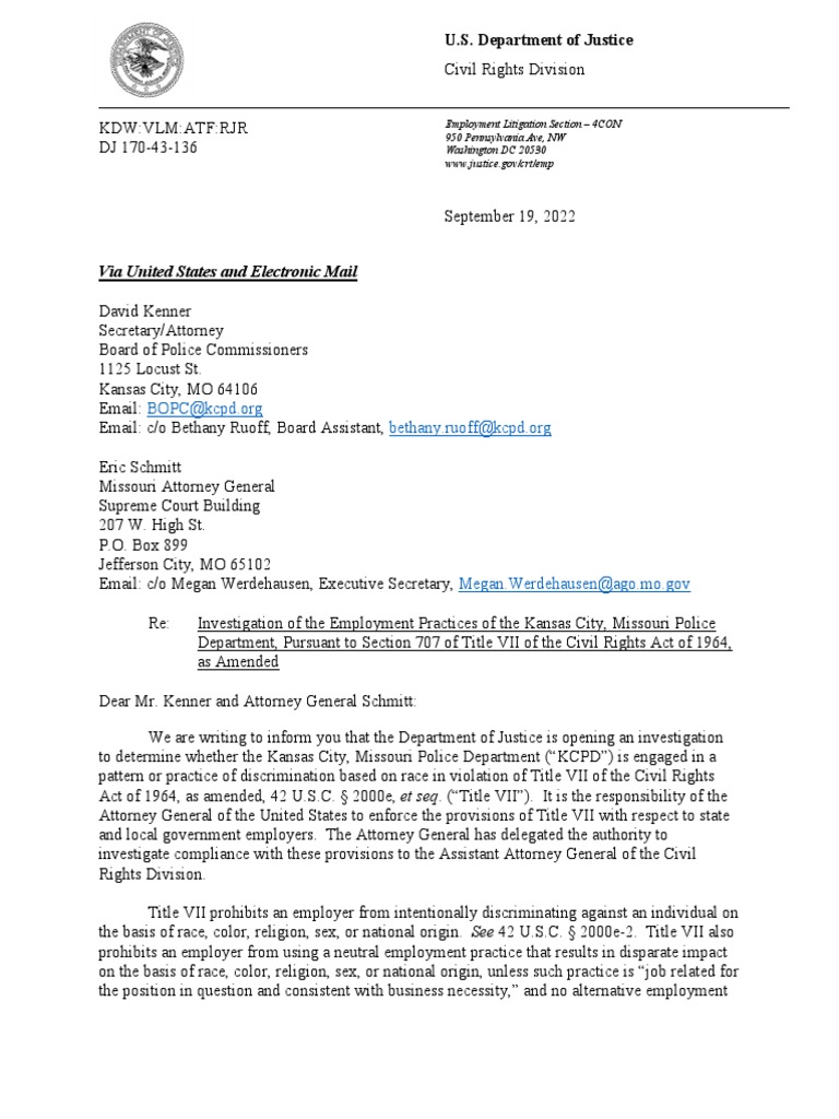 DOJ Letter On Kansas City Police Employment Investigation | PDF | Civil ...