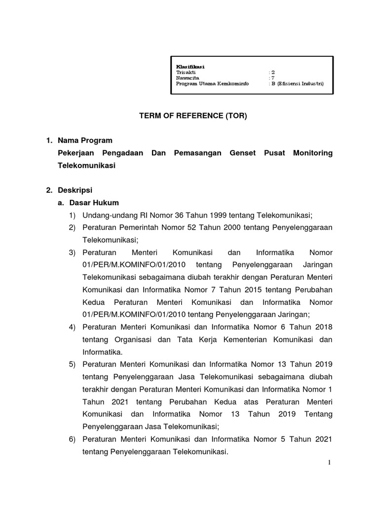 Contoh TOR Genset PMT | PDF