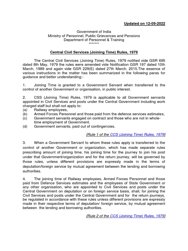 Central Civil Services Joining Time Rules | PDF | Civil Service | Government