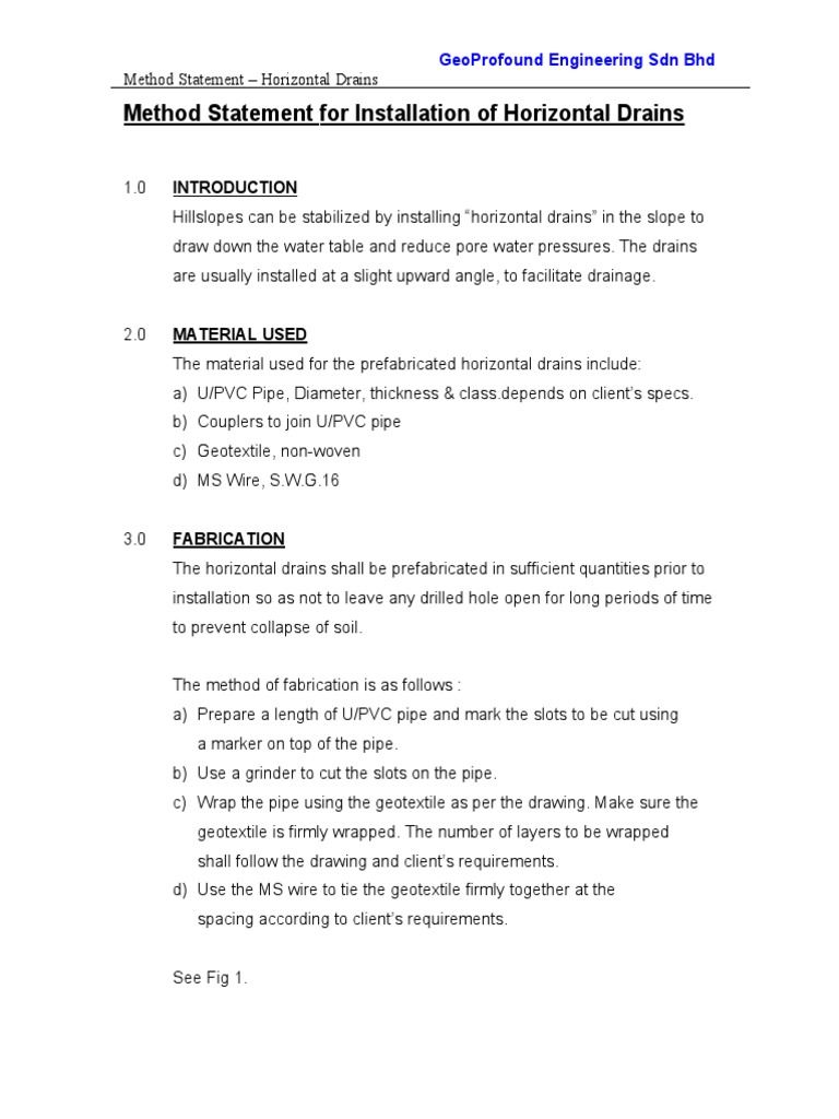 Horizontal Drain Method Statement | PDF | Drainage | Pipe (Fluid Conveyance)
