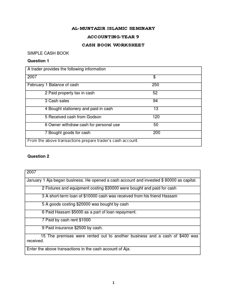 Cash Book Worksheet | PDF | Debits And Credits | Cheque