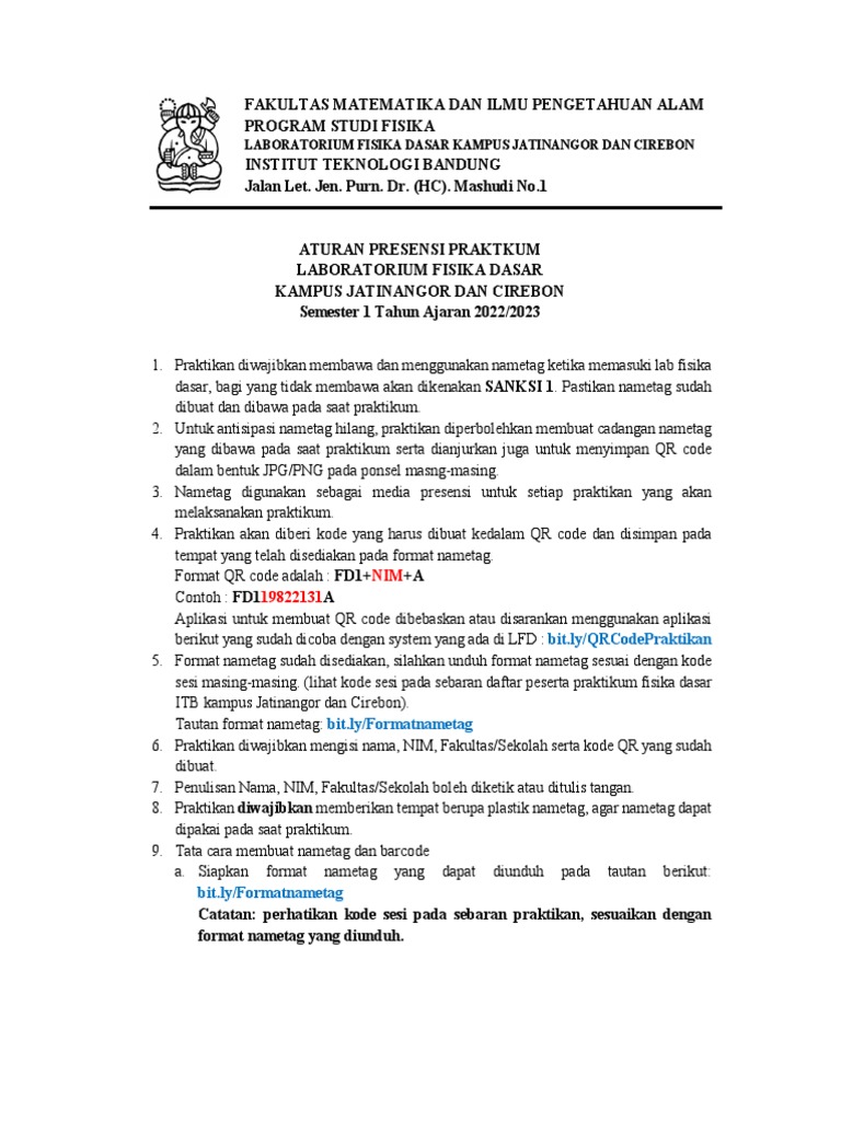 Aturan Presensi Praktikum LFD Jatinangor Dan Cirebon Semester 1 TA 2022-2023 - 30 Agustus 2022 | PDF