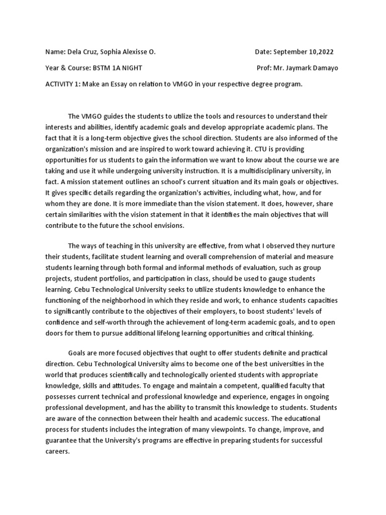 Essay On Vmgo | PDF | Goal | Teaching Method