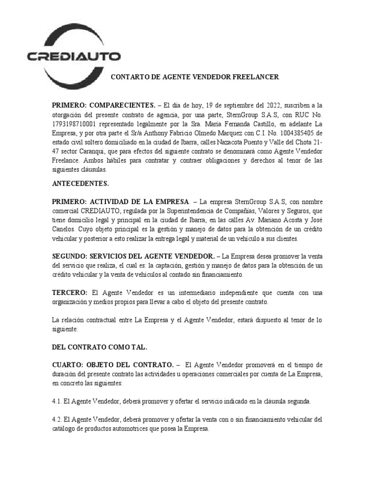 Contrato de Agente Vendedor (Freelance) | PDF | Business | Arbitraje
