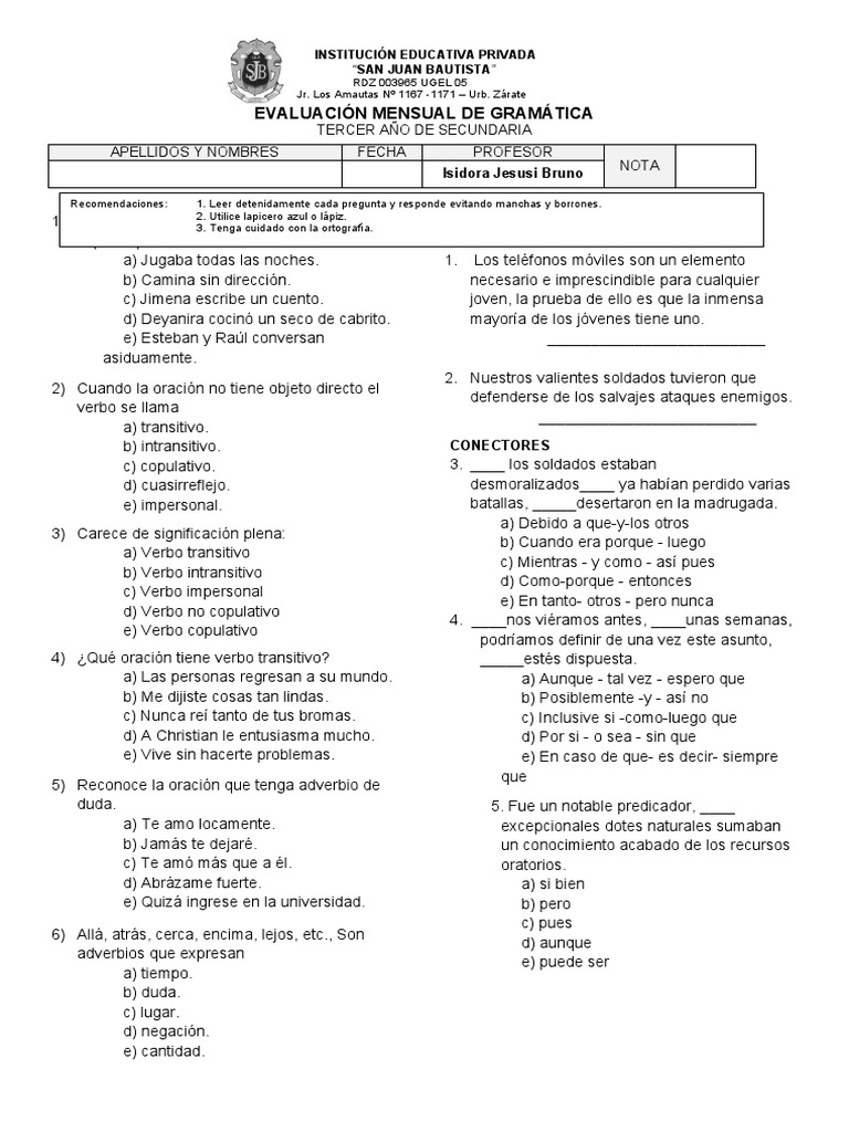 Examen Mensual Gram | PDF | Verbo | Adverbio