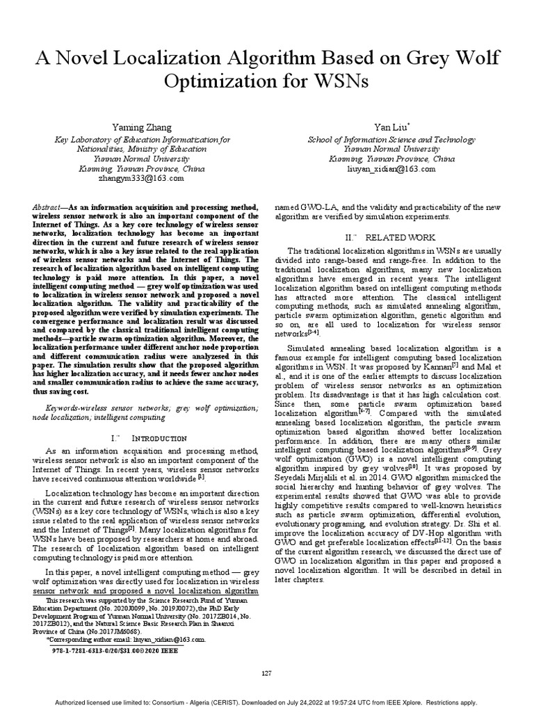 A Novel Localization Algorithm Based On Grey Wolf Optimization For Wsns Pdf Wireless Sensor