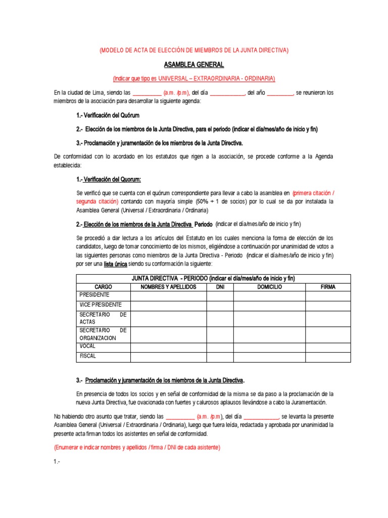 Modelo de Acta de Eleccion de Miembros de La Junta Directiva | PDF | Gobierno | Elecciones