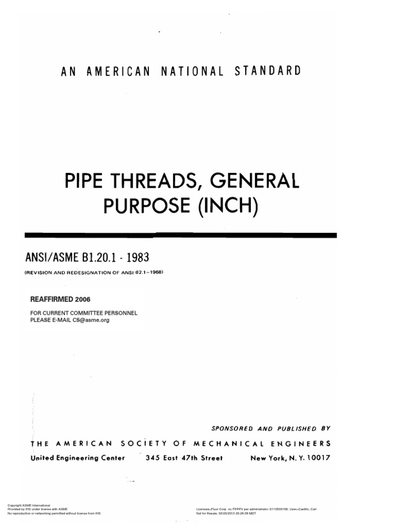 ASME 1.20.1 1983 R 2006 Pipe Threads, General Purpose (Inch) - Revision ...
