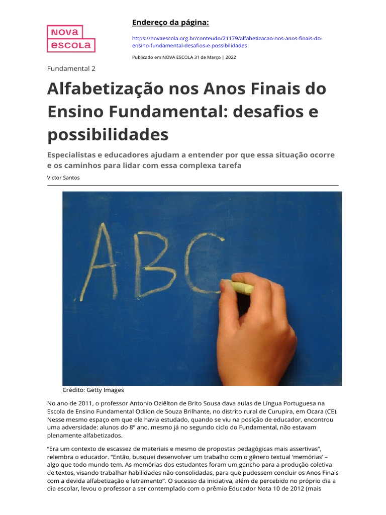Alfabetizacao Nos Anos Finais Do Ensino Fundamental Desafios e Possibilidades | PDF ...
