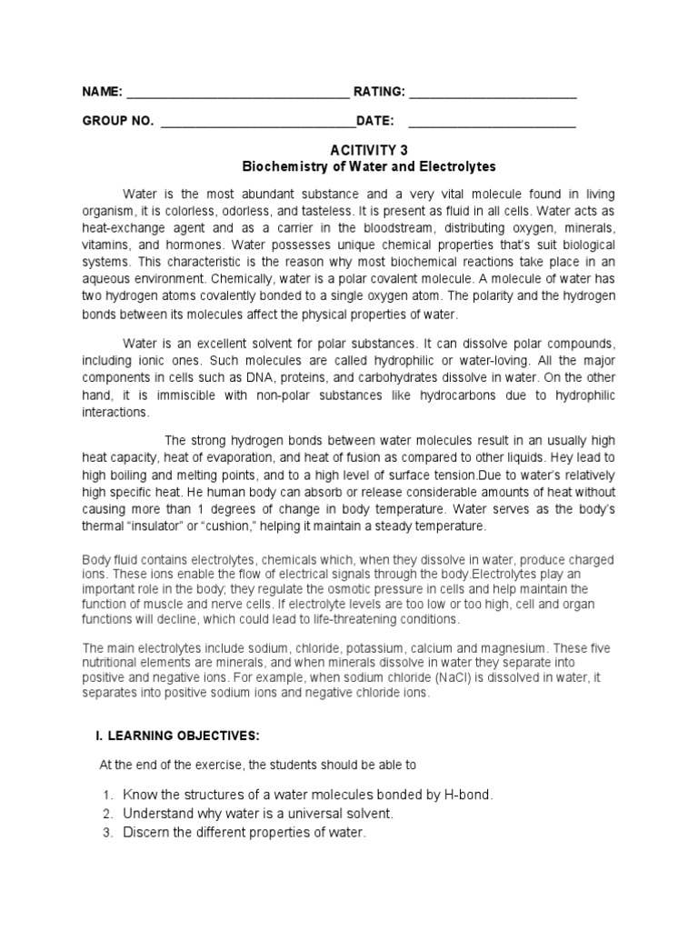 2022 Biochem Activity 3 WATER AND ELECTROLYTES | PDF | Water | Electrolyte