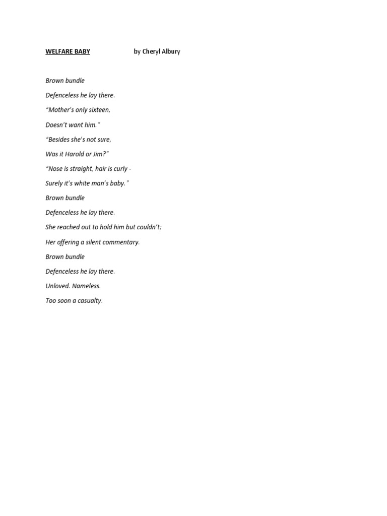 Welfare Baby: A Poem by Cheryl Albury | PDF | General Fiction