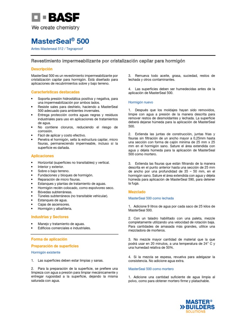 Basf Masterseal 500 Tds | PDF | Hormigón | Agua