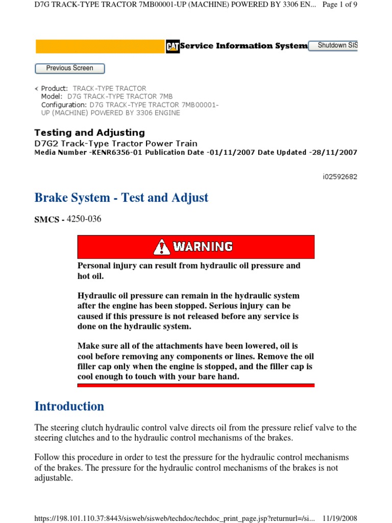 D7G Tractor Brake Test Procedure | PDF | Tractor | Clutch