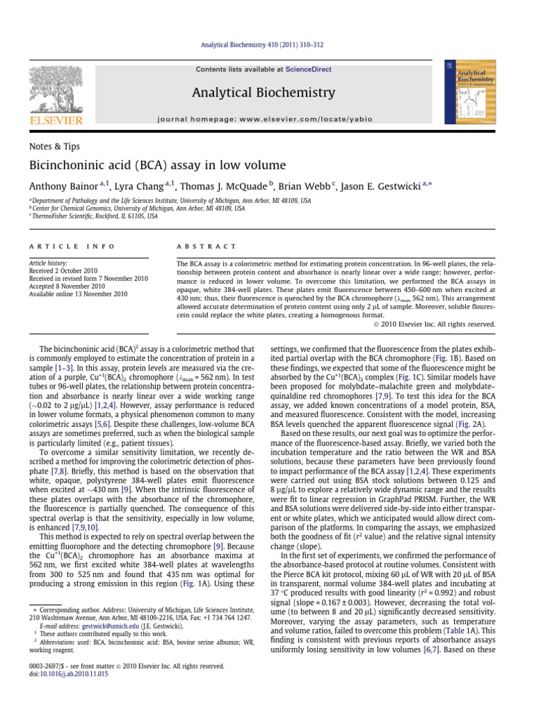 Bicinchoninic Acid (BCA) Assay in Low Volume | PDF | Fluorescence ...