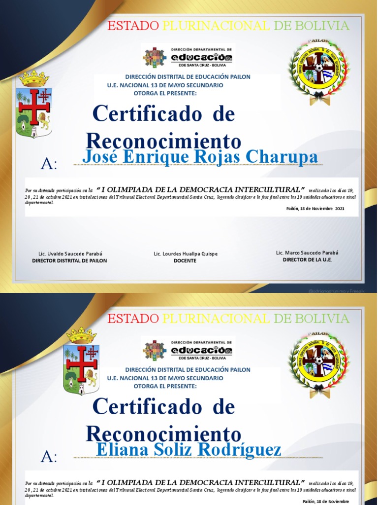 Certificados de Reconocimiento para Estudiantes y Profesora por su ...