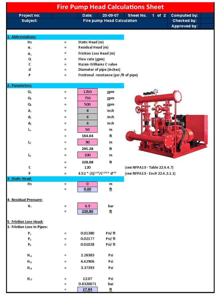Fire Pump Head Calculations Sheet | PDF | Hydraulics | Plumbing