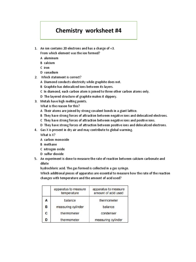 Chemistry worksheet #4 answers | PDF | Carbon | Ion
