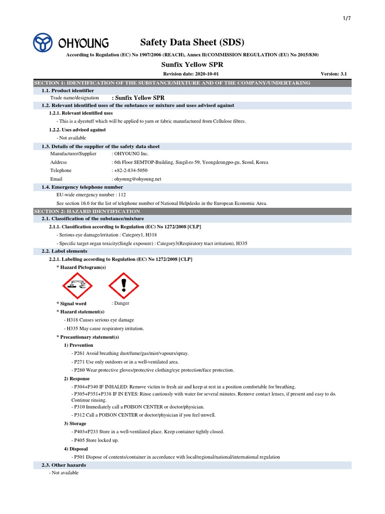 SDS-Sunfix Yellow SPR (2020) | PDF | Dangerous Goods | Occupational ...
