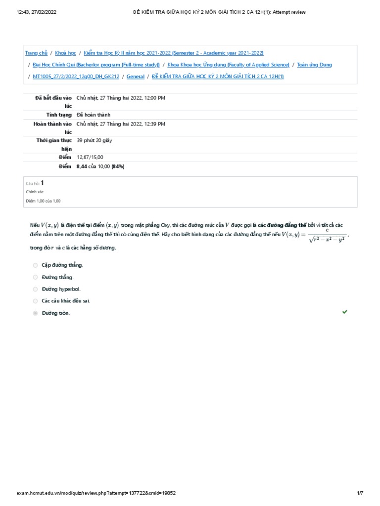 ĐỀ KIỂM TRA GIỮA HỌC KỲ 2 MÔN GIẢI TÍCH 2 CA 12H (1) - Attempt review | PDF