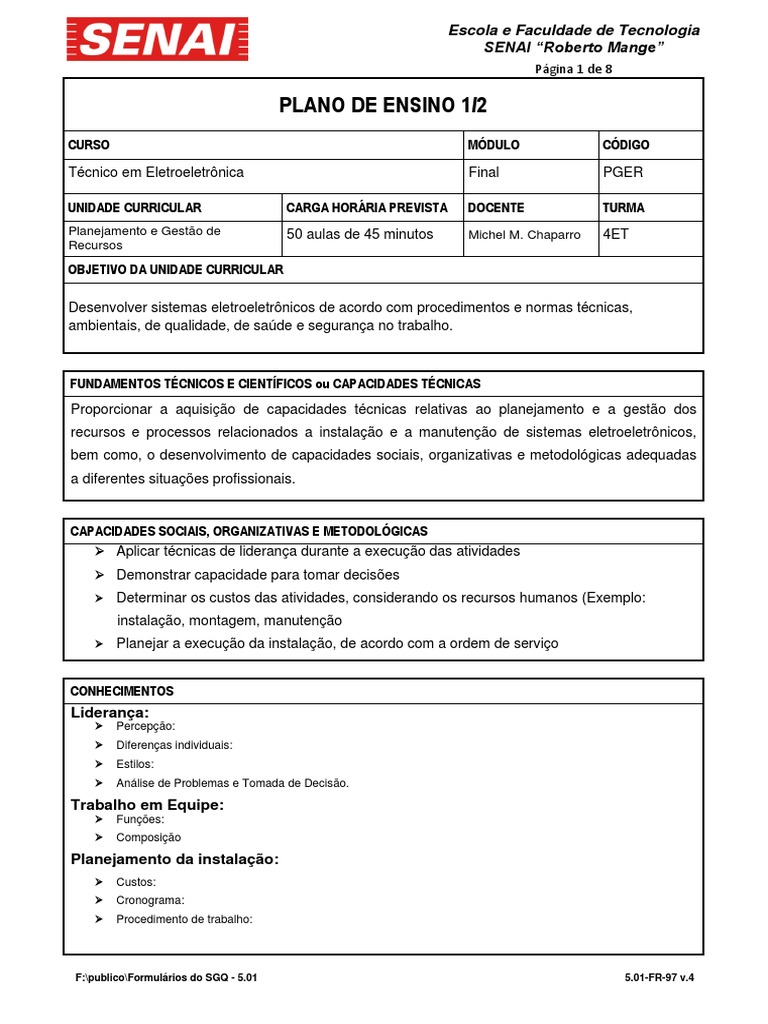 5.01-FR-97 v.4 - Plano de Ensino - PGER - SD1 | PDF | Planejamento ...
