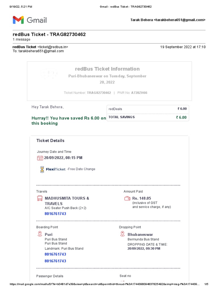 Gmail - Redbus Ticket - TRAG82730462 | PDF | Bus | Baggage