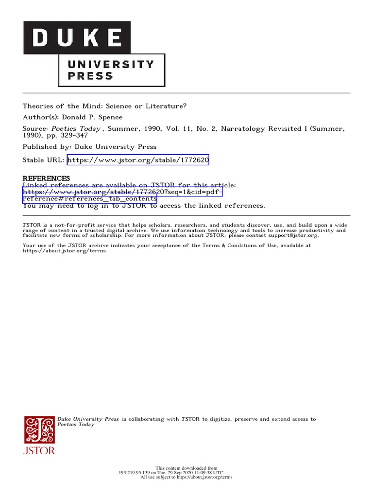 D. P. Spence 'Theories of The Mind Science or Literature' | PDF | Id ...