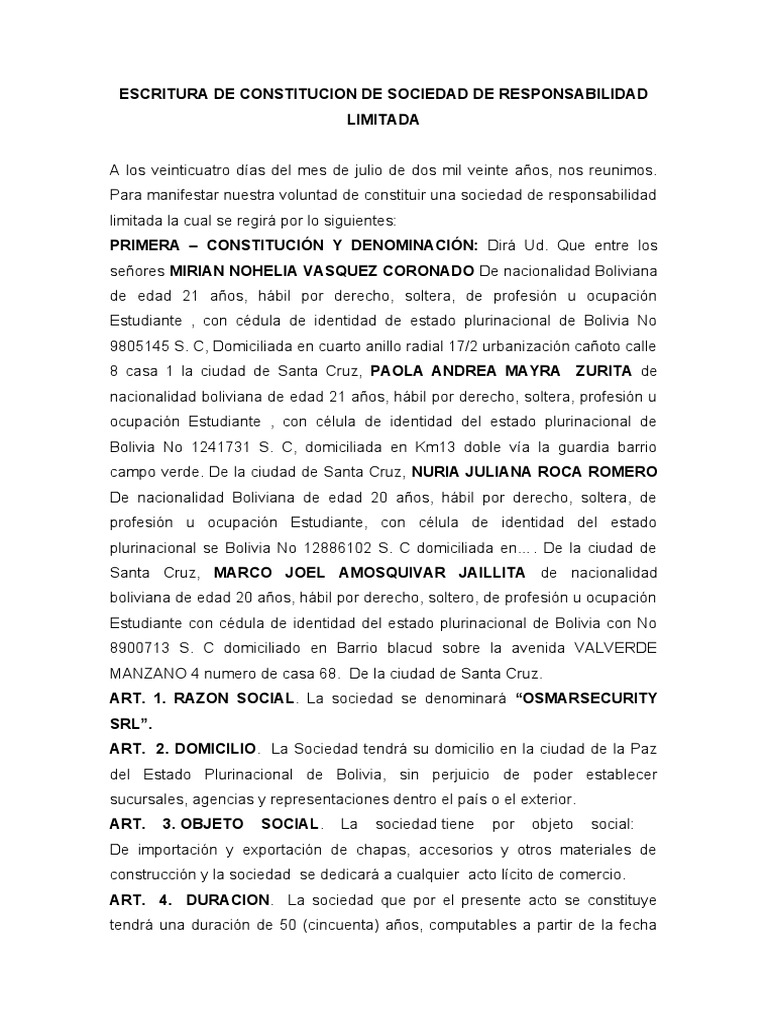 Acta de Constitucion de Sociedad de Responsabilidad Limitada | PDF | Bolivia | Liquidación