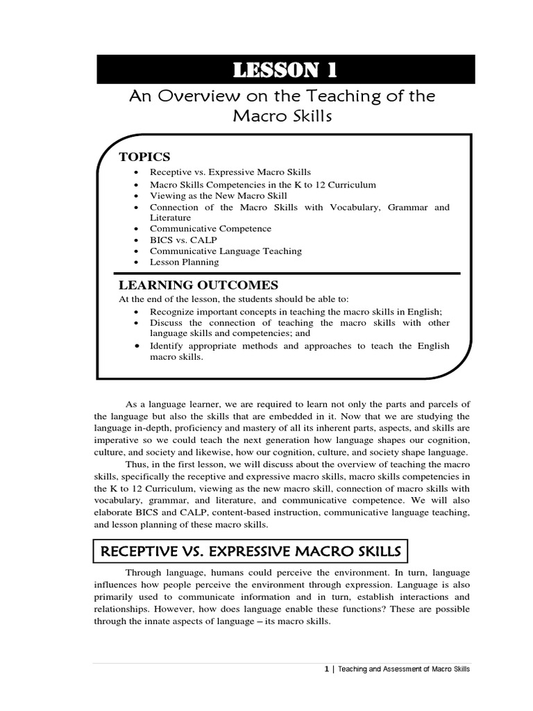 Teaching and Assessment of Macroskills Lesson 1 | PDF | Learning | Educational Assessment