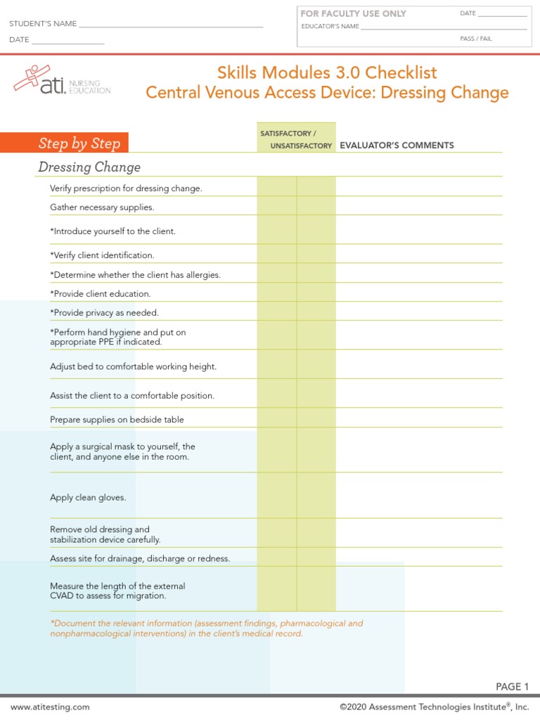 Ati - Central Venous Access Devices - Dressing Change - Checklist | PDF ...