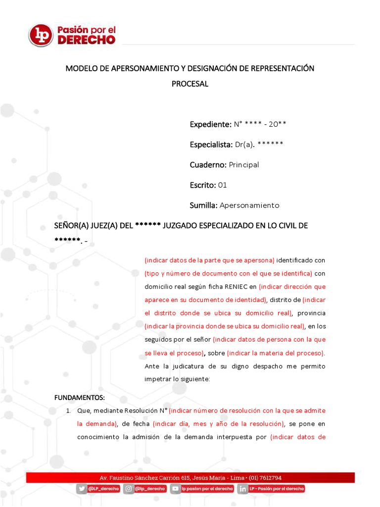 Modelo de Escrito para Apersonamiento LP' | PDF | Demanda judicial | Virtud