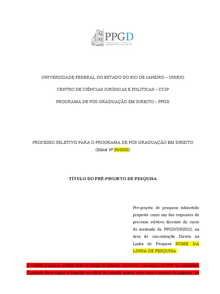 Modelo Pre-Projeto Selecao Do Mestrado | PDF Modelo Pre-Projeto Selecao Do Mestrado | PDF