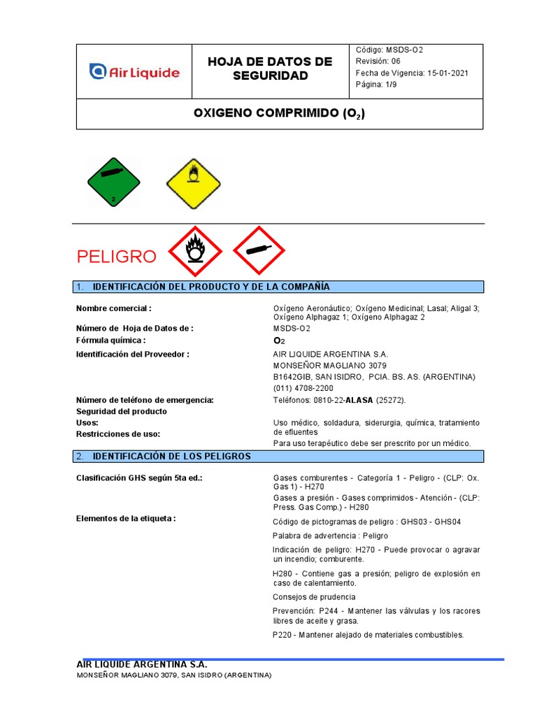 FICHA DE SEGURIDAD Oxigeno | PDF | Incendios | Agua
