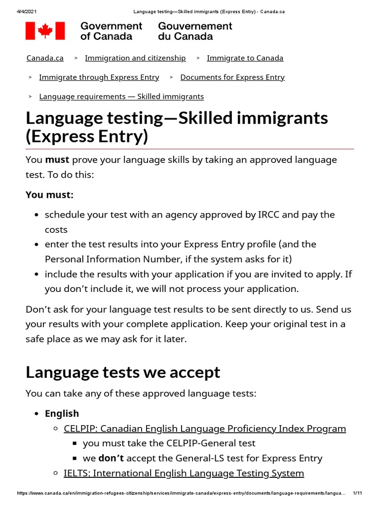 Language Testing-Skilled Immigrants (Express Entry) - Canada - Ca ...