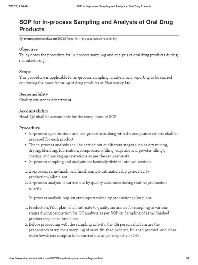 SOP For In-Process Sampling and Analysis of Oral Drug Products | PDF ...