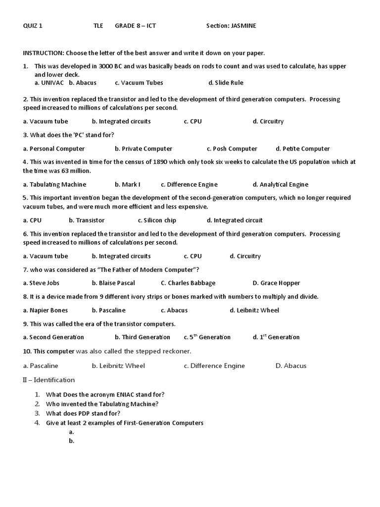 Quiz 1 Tle Grade 8 | PDF | Information Age | Office Equipment