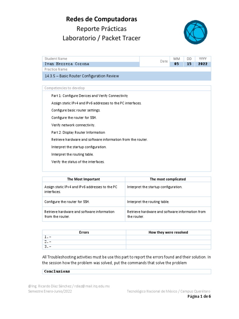 14.3.5 - Basic Router Configuration Review-Herrera - Corona - Ivan | PDF | Router (Computing ...