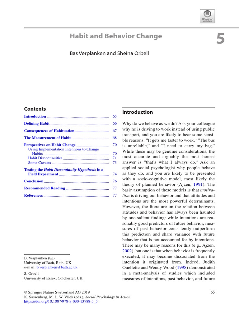 Verplanken Orbell, 2019 - Habit and Behavior Change | PDF | Habits | Thought
