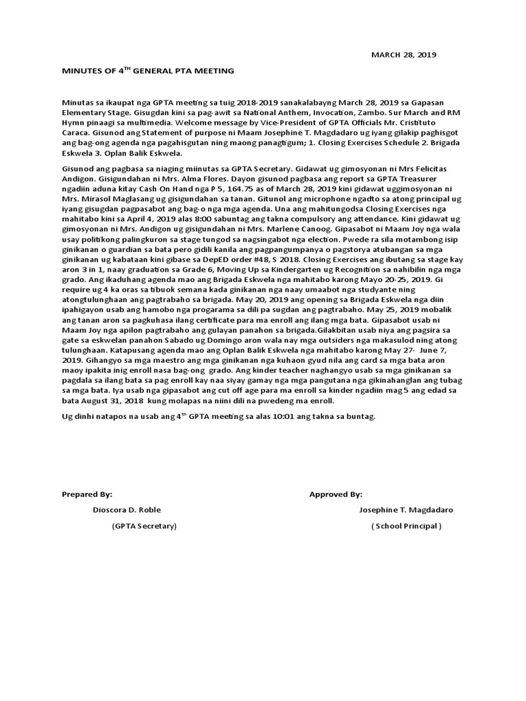 Minutes of 4TH General Pta Meeting | PDF