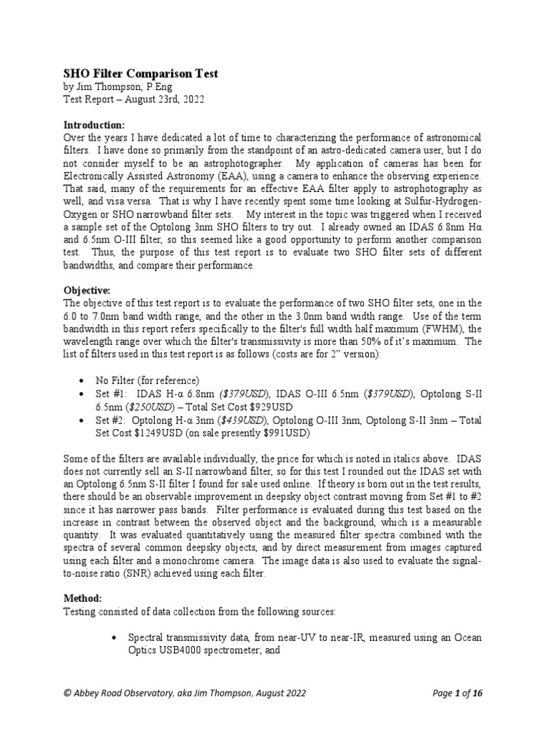 Test Report - SHO Filter Comparison Test - Aug2022 | PDF | Optical ...