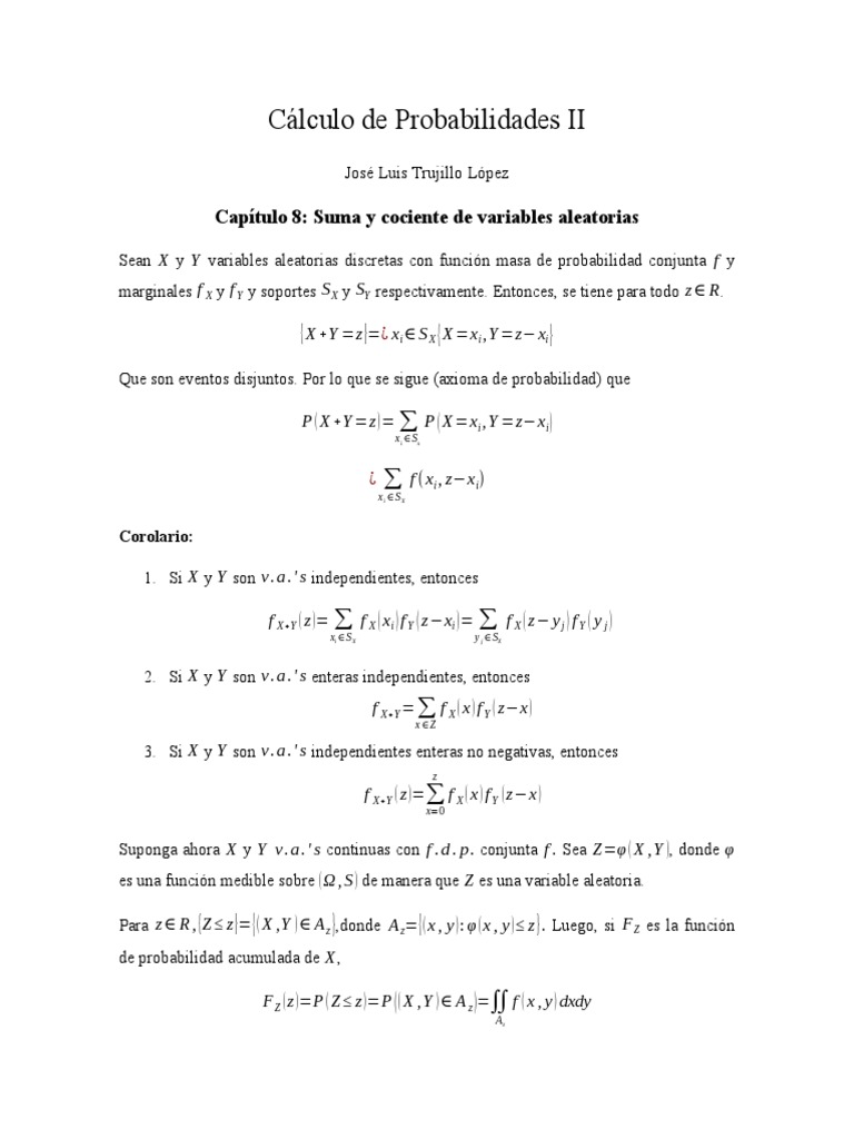 Suma y Cociente de Variables Aleatorias | PDF | Integral | Variable ...