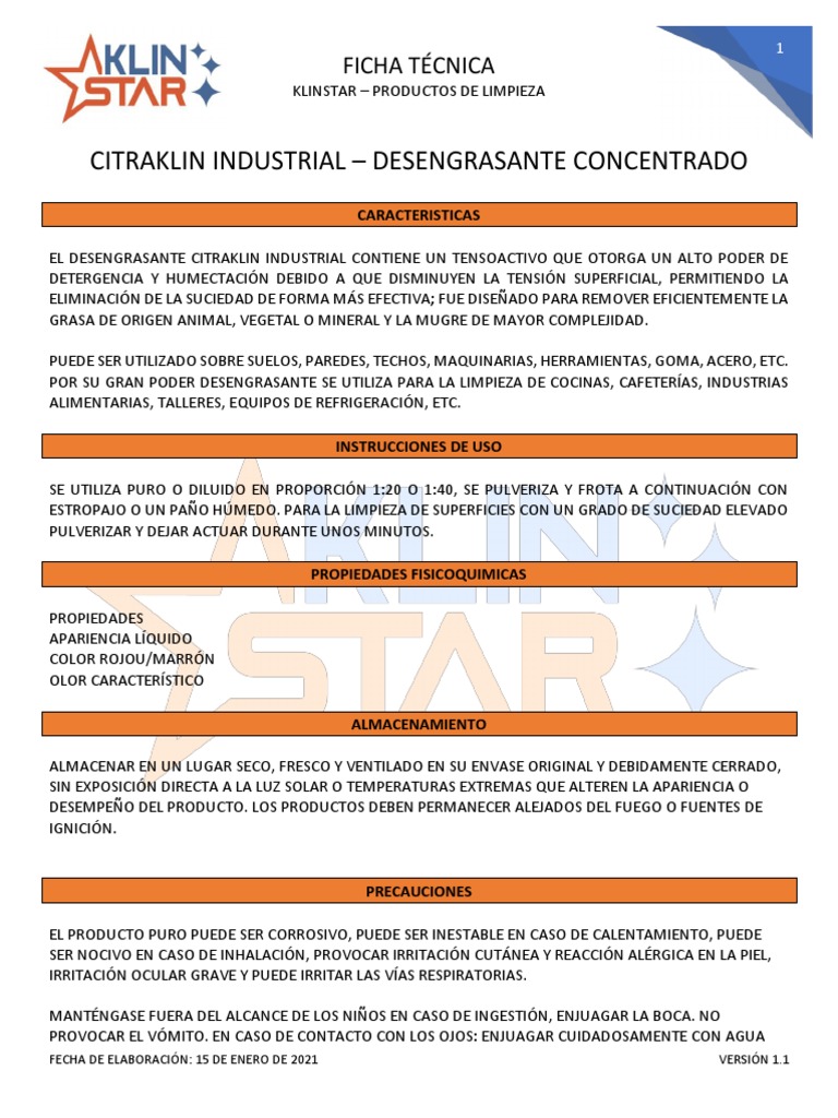Ficha técnica de CitraKlin Industrial, un desengrasante concentrado ...
