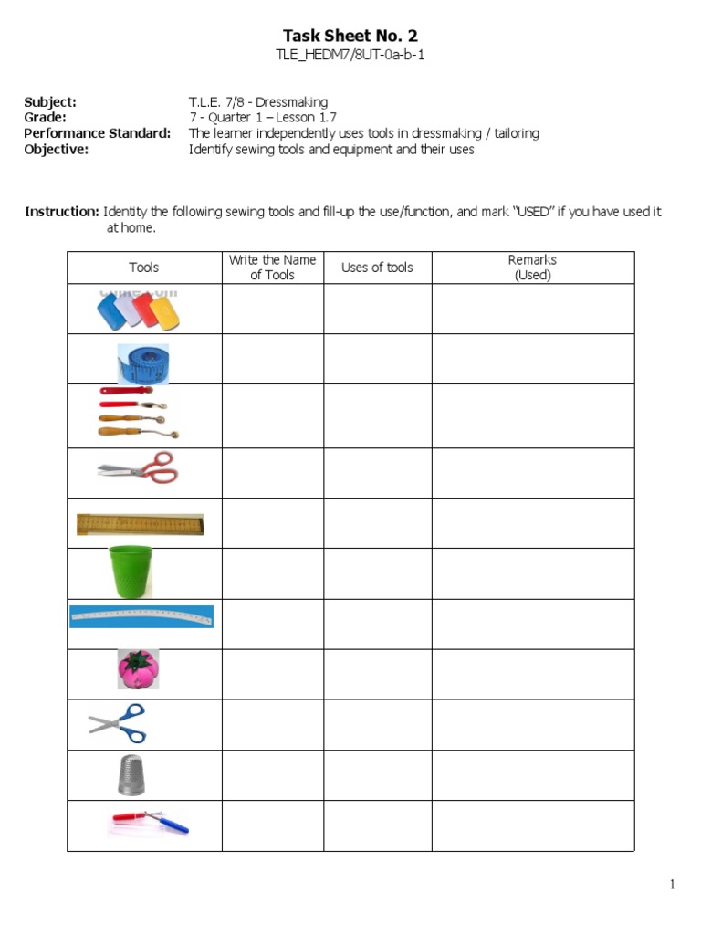Task Sheet 2 Sewing Tools | PDF