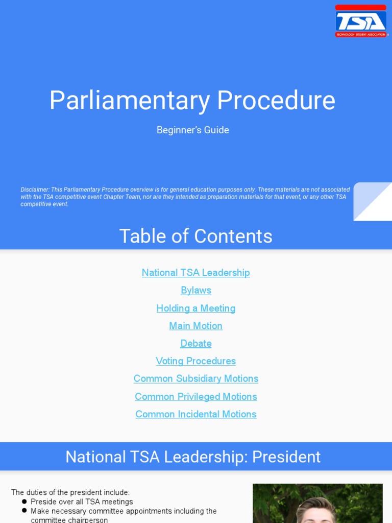 Parliamentary Procedure Basics Tsa | PDF | Parliamentary Procedure | Meetings