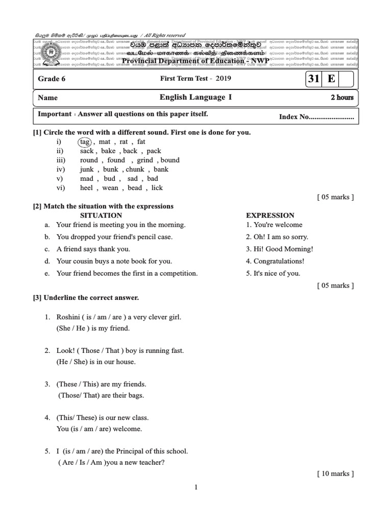 Grade 6 English First Term Test 2019 | PDF