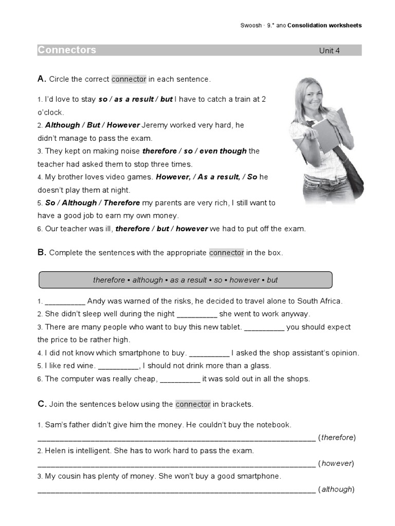 Swoosh - 9° ano Consolidation worksheets connectors unit 4 | PDF